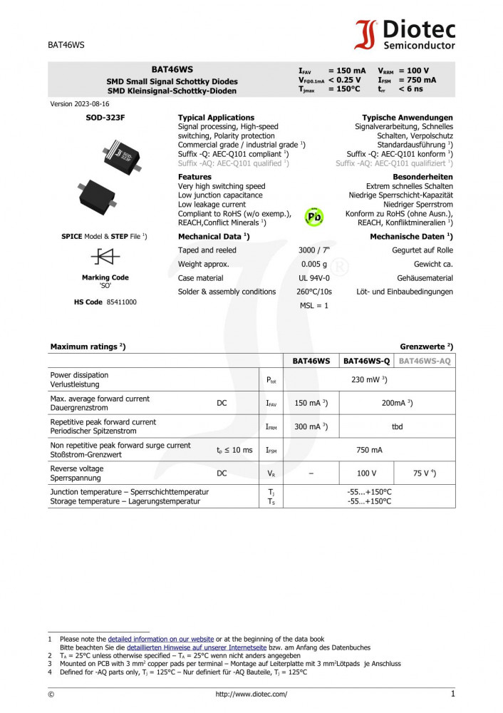 DIOTEC BAT46WS datasheet page 1