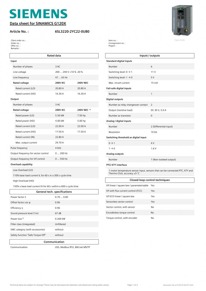 SIEMENS 6SL3220-2YC22-0UB0 datasheet page 1