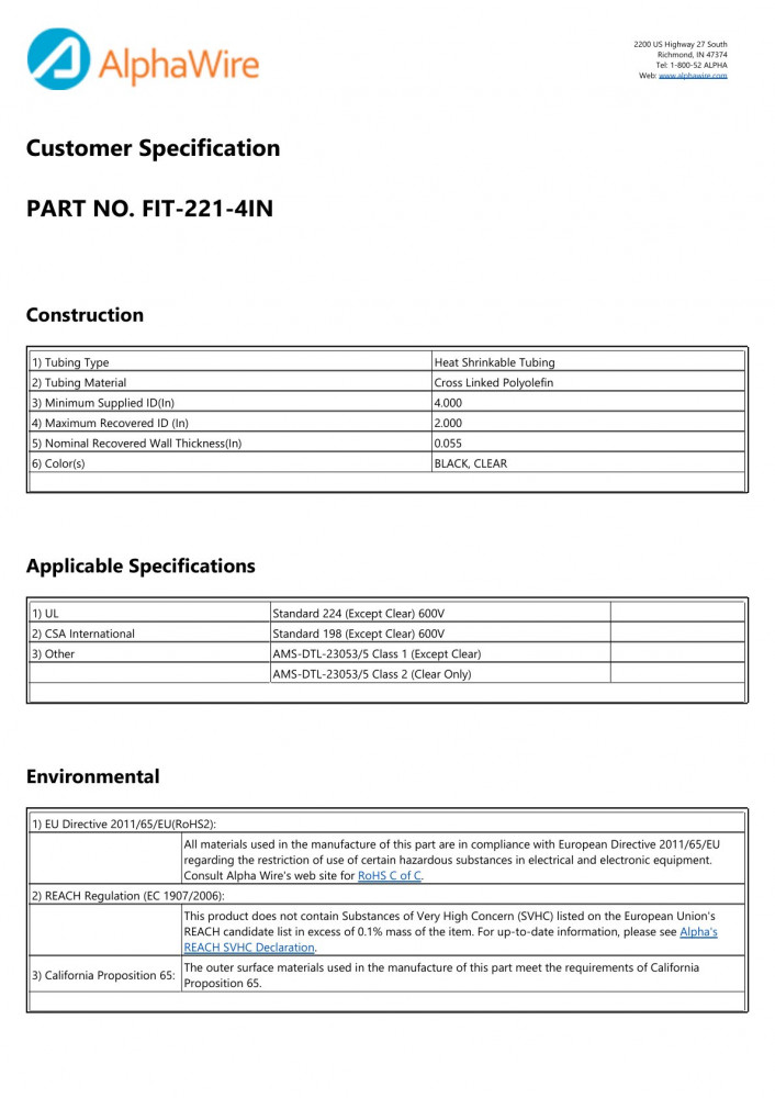 Alpha Wire FIT-221-4IN specification page 1