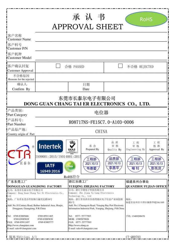 CTR R08717NS-FE15C7.0-A103-0006 approval sheet page 1