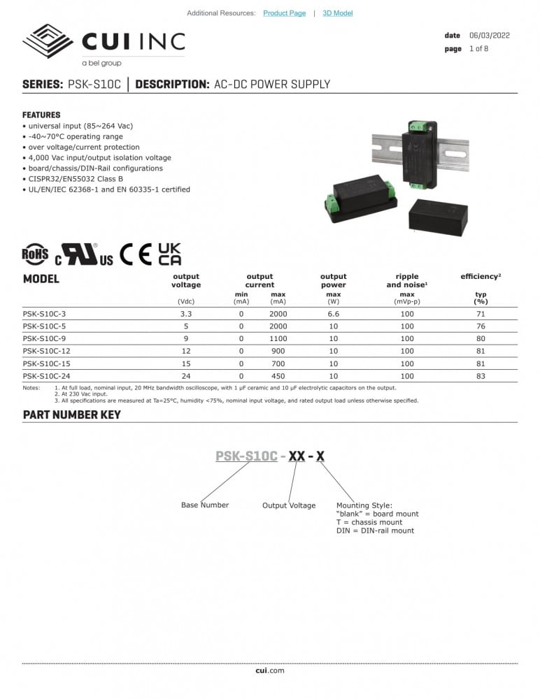 CUI PSK-S10C datasheet page 1