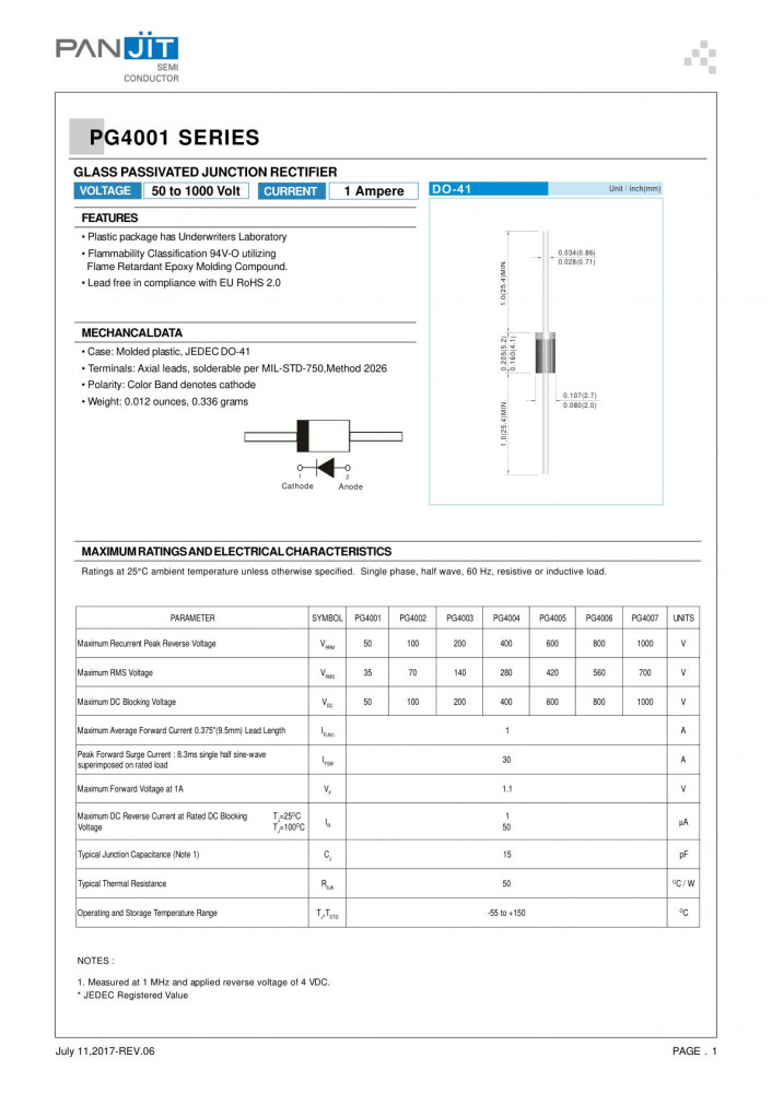 PANJIT PG4001 Series datasheet page 1