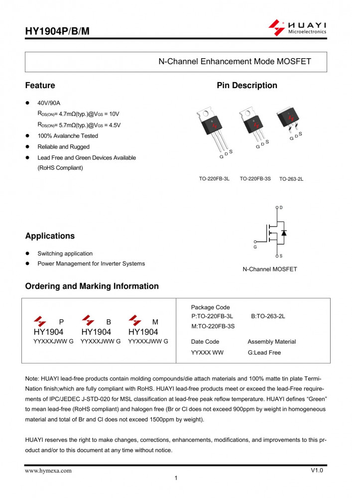 HY1904B datasheet page 1