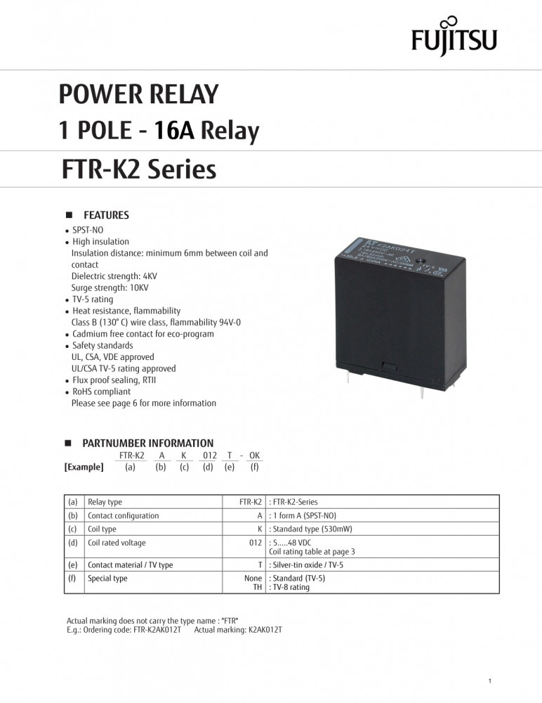 FTR-K2 series datasheet page 1