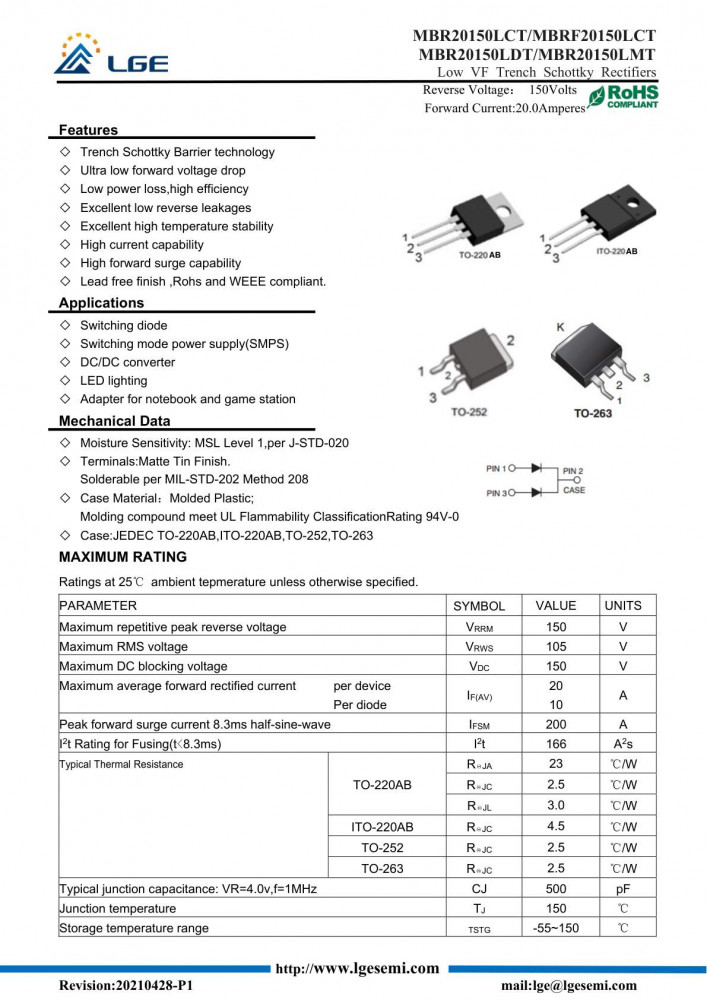 MBR20150LCT datasheet page 1