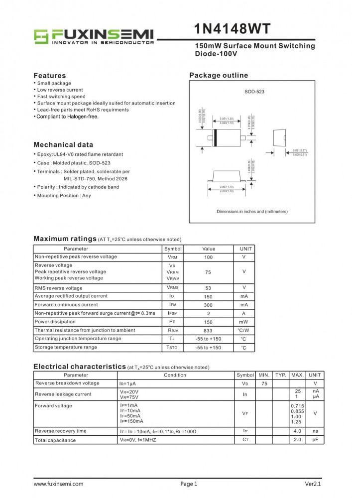 1N4148WT datasheet page 1