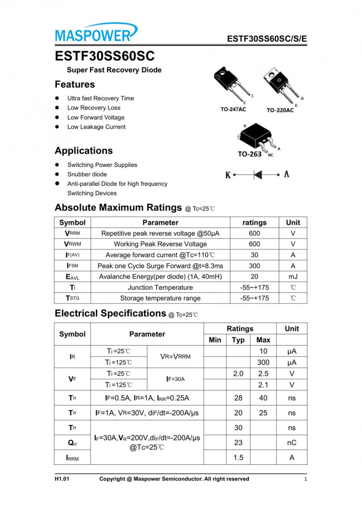 ESTF30SS60SC datasheet page 1