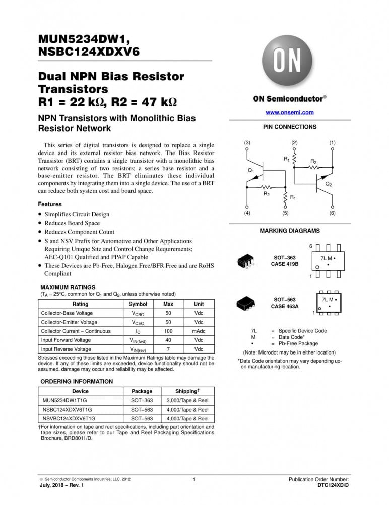 NSVBC124XDXV6T1G datasheet page 1