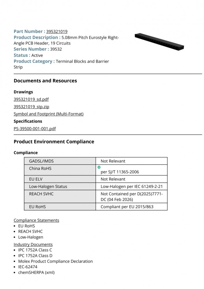 Product document page 1 for MOLEX 395321019