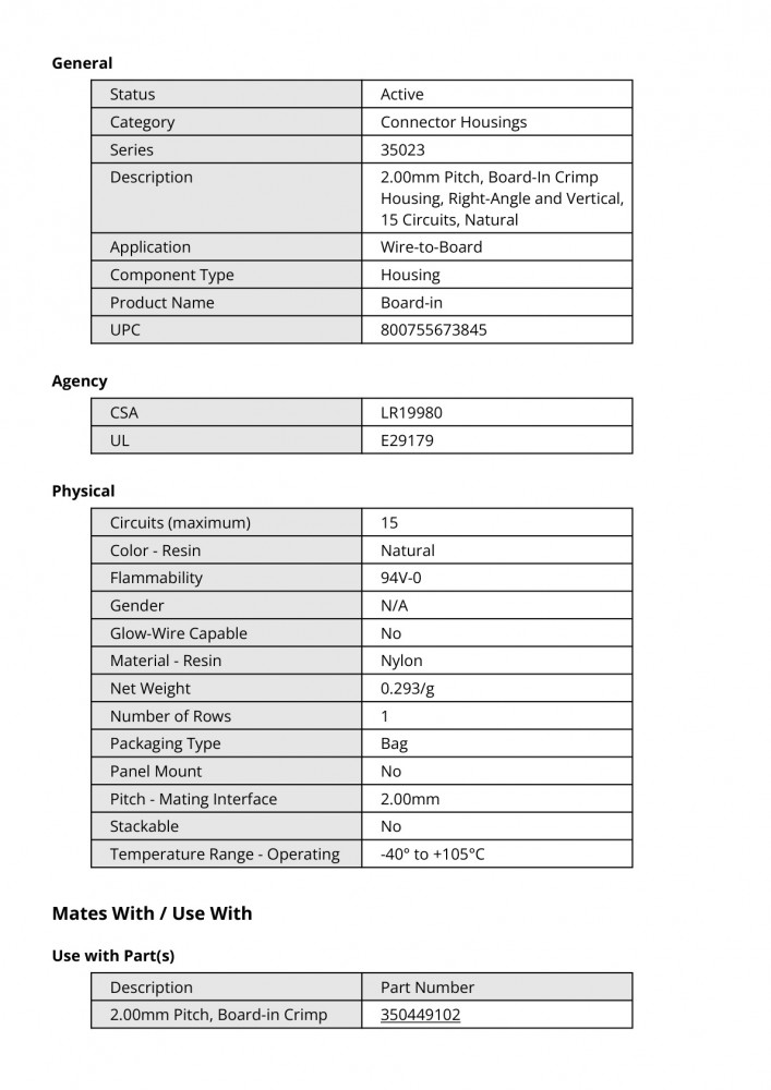 Technical document page 2 for MOLEX 350230015