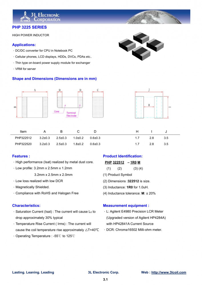 3L COILS PHP 3225 series documentation page 1