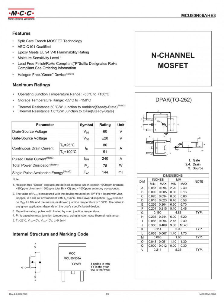 MCU80N06AHE3-TP datasheet page 1
