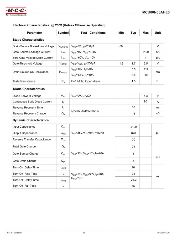 MCU80N06AHE3-TP datasheet page 2