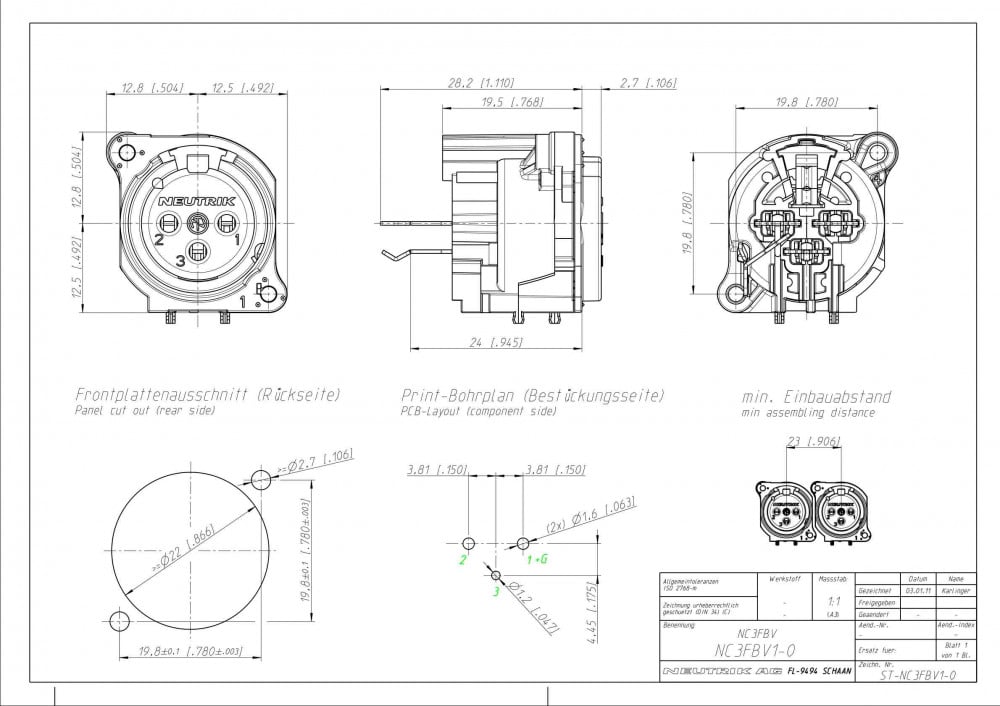 Neutrik NC3FBV1-0 technical drawing