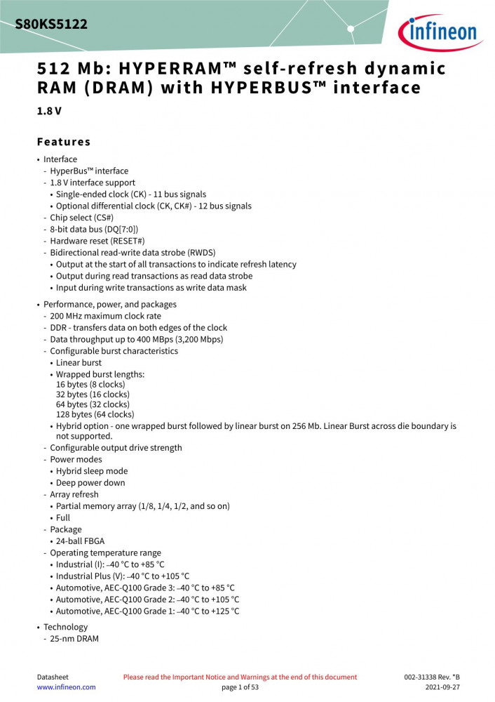Infineon HYPERRAM datasheet page 1