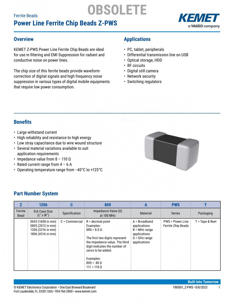 KEMET Z-PWS datasheet page 1