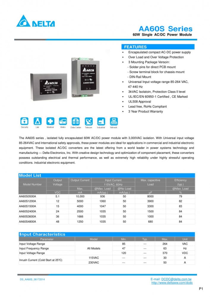 Delta AA60S1200C datasheet page 1