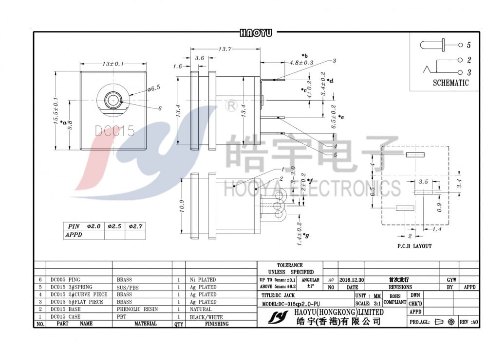 HOOYA DC-015φ2.0-PU technical drawing