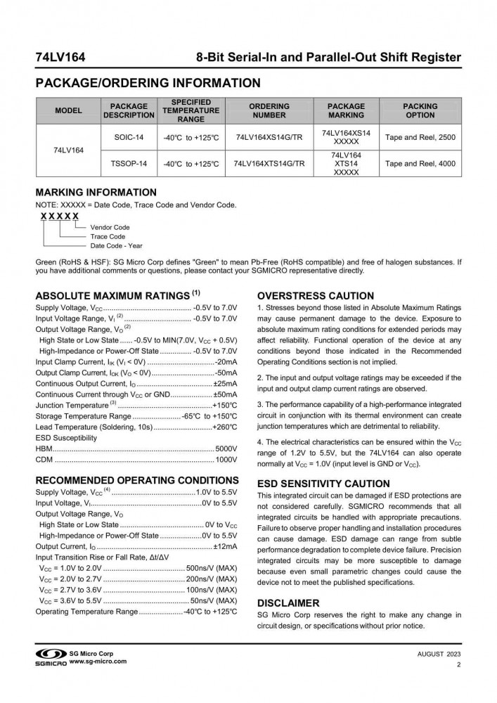 74LV164 datasheet page 2