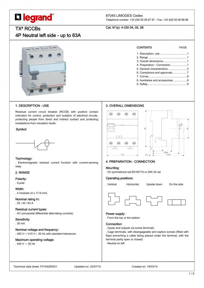 Legrand TX3 RCCB technical document, page 1