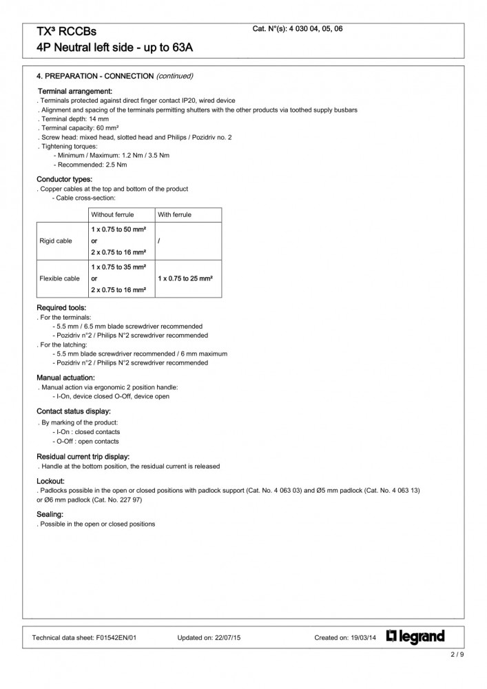 Legrand TX3 RCCB technical document, page 2