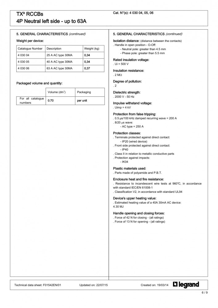 Legrand TX3 RCCB technical document, page 6