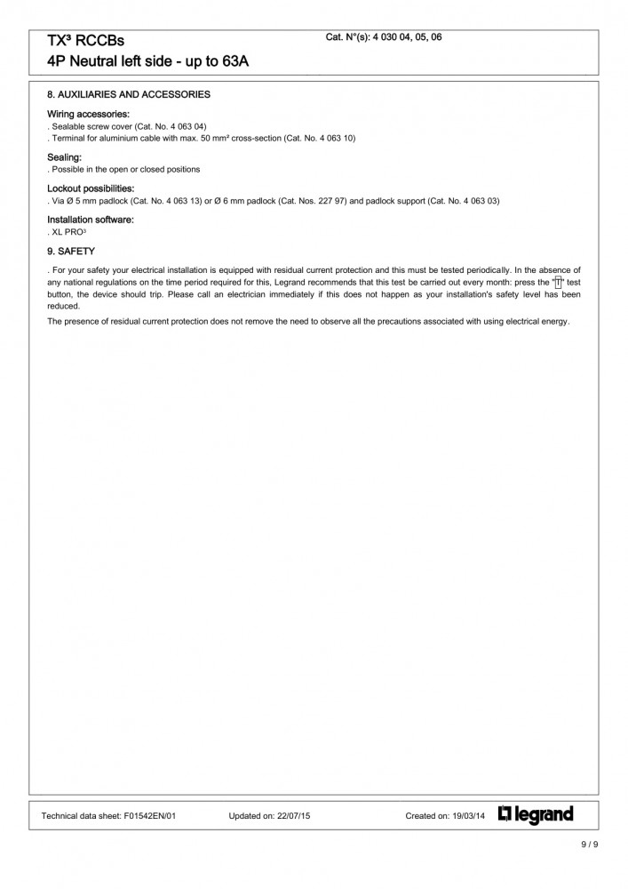 Legrand TX3 RCCB technical document, page 9