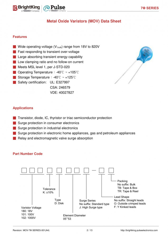 Brightking MOV datasheet page 1