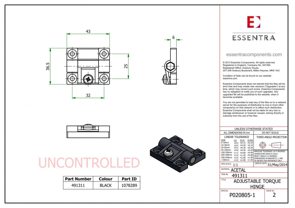 Essentra 491311 adjustable torque hinge technical drawing