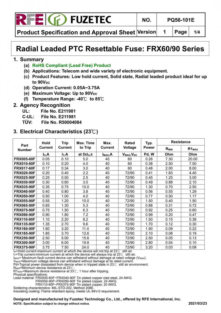 FUZETEC FRX60/90 Series specification sheet page 1