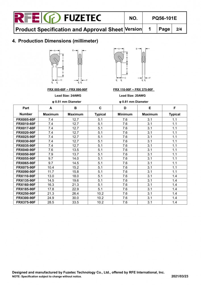 FUZETEC FRX60/90 Series specification sheet page 2