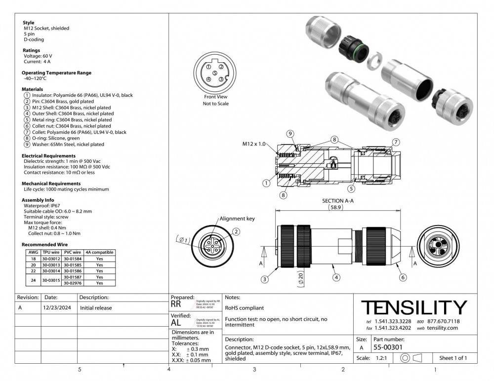 Tensility 55-00301 M12 5-pin D-coded shielded socket drawing