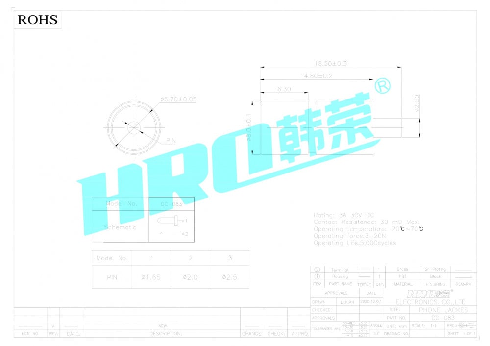 HRO DC-083 product drawing and specification page