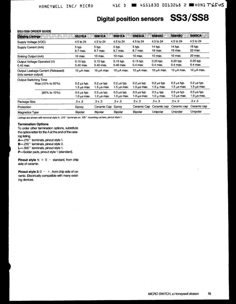 Honeywell SS3 and SS8 digital position sensor documentation page 2