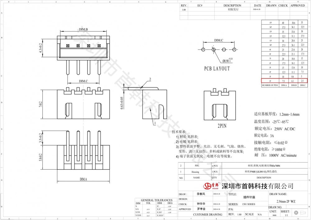 SHOU HAN 2.54mm-2P WZ specification page 1