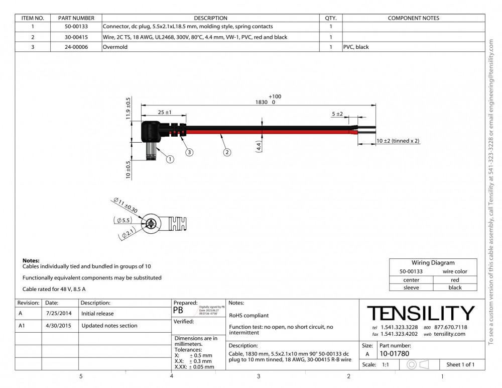 Tensility International 10-01780 product drawing and wiring information