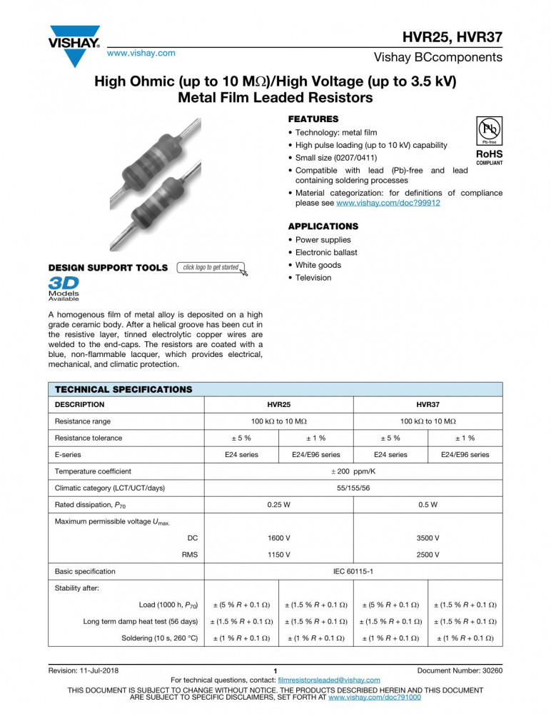 Vishay HVR37 datasheet page 1