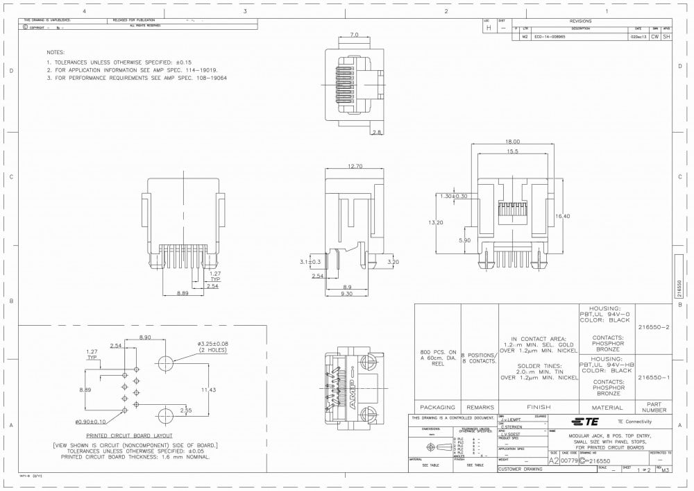 TE Connectivity 216550-1 technical drawing page 1