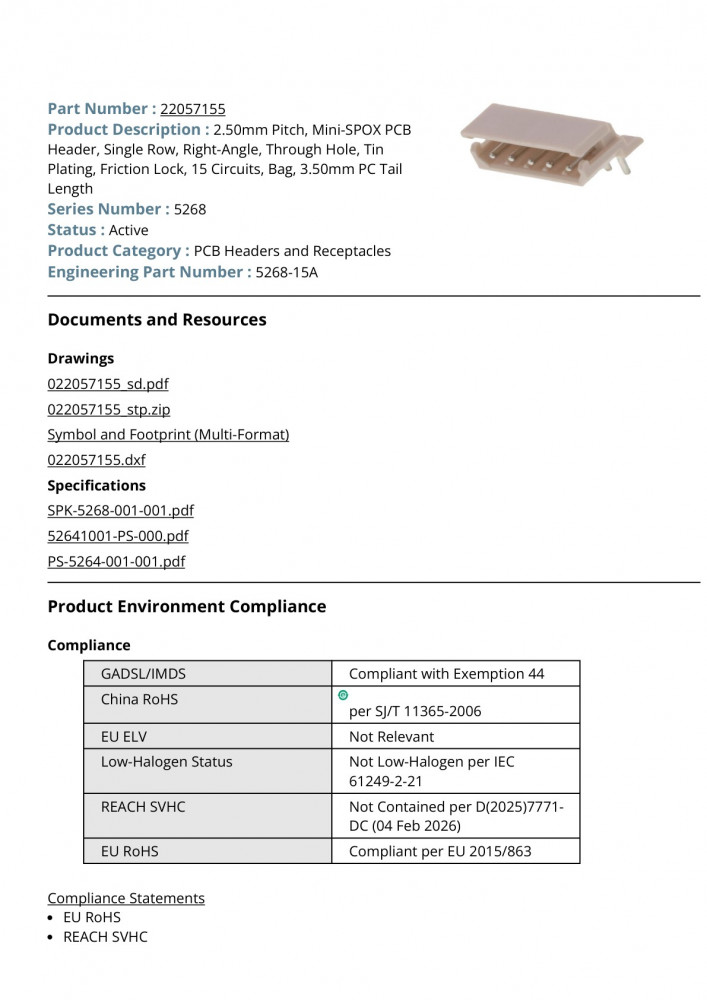 MOLEX 22057155 technical document page 1