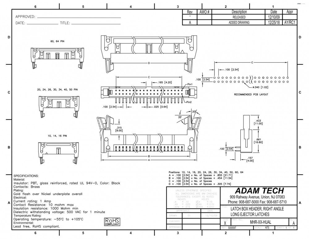 ADAM TECH right-angle latch box header drawing preview