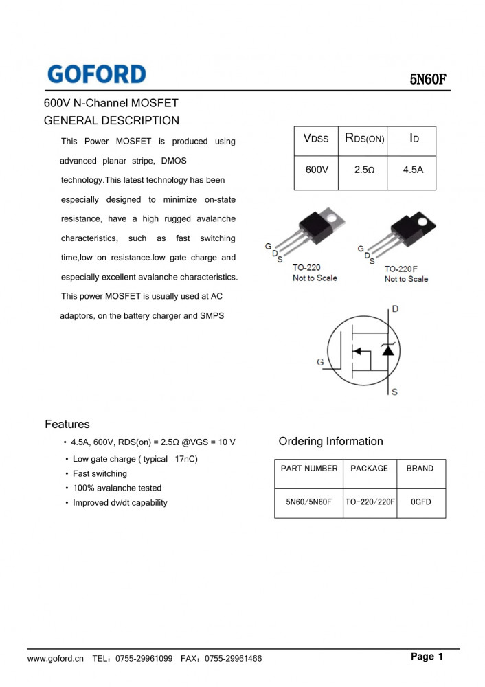 5N60F datasheet page 1