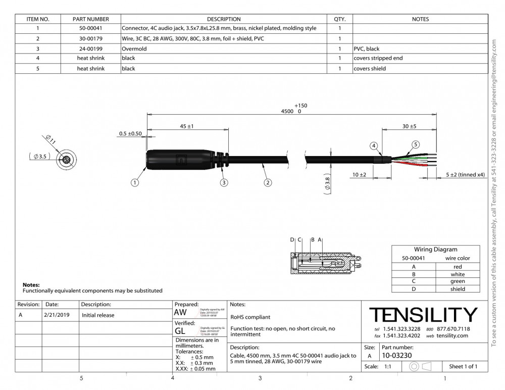 Tensility 10-03230 product drawing and wiring reference