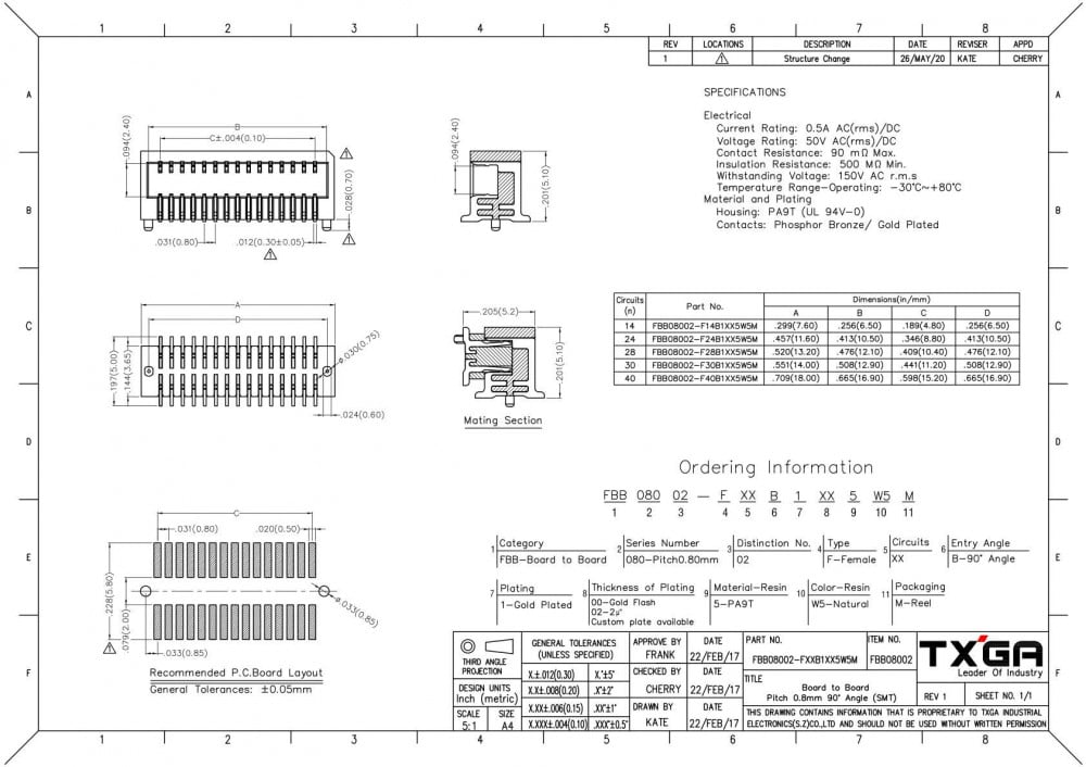 TXGA FBB08002-F14B1005W5M technical drawing preview