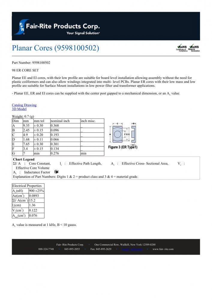 Fair-Rite 9598100502 catalog drawing and technical data