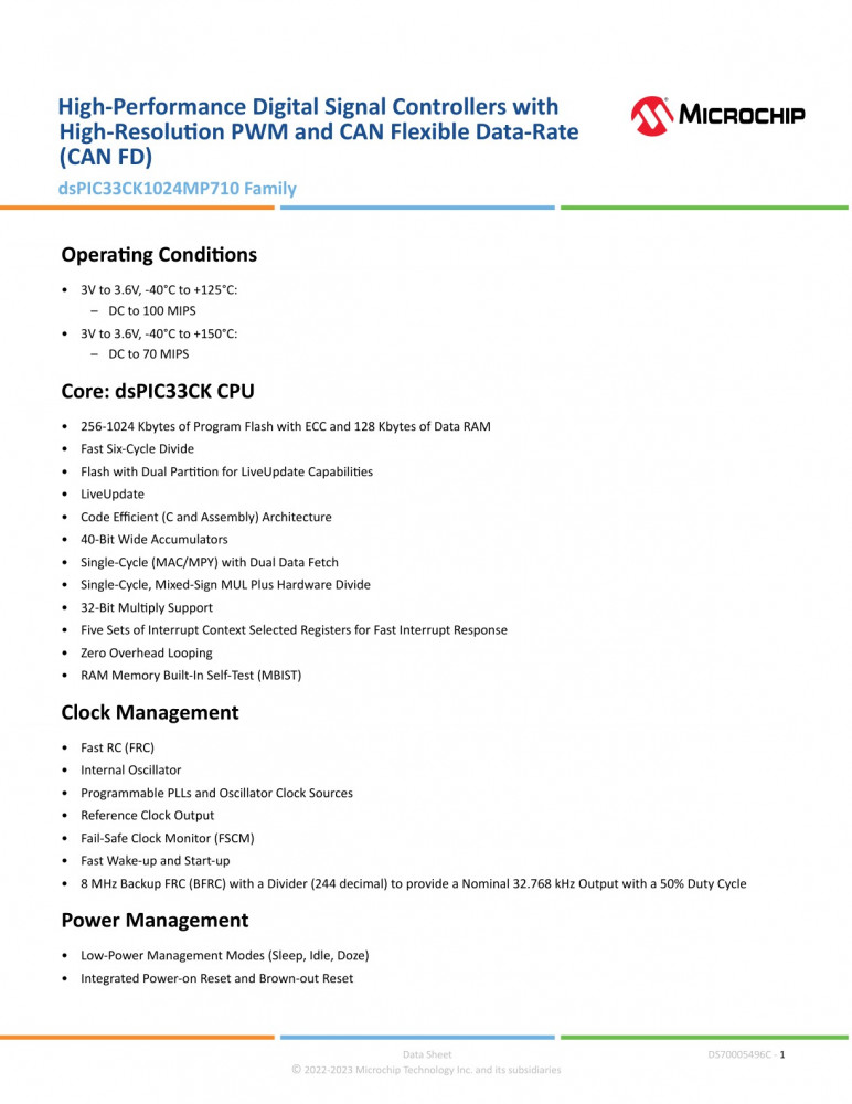 dsPIC33CK1024MP710 datasheet page 1