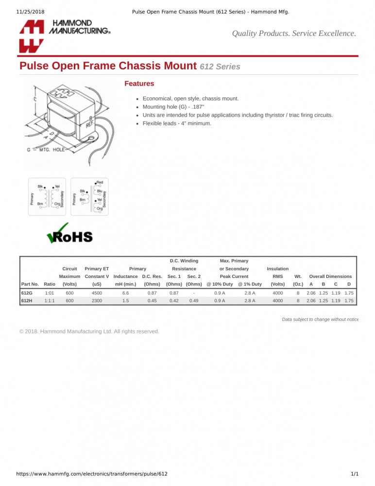 Hammond 612 Series technical document