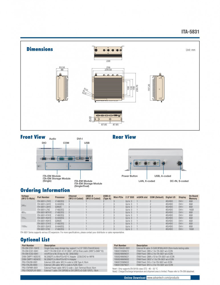 ADVANTECH ITA-5831-L7A1E technical datasheet page 2