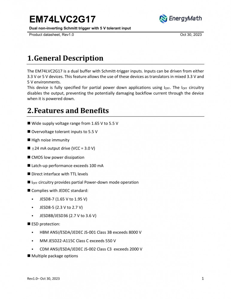 EM74LVC2G17GV datasheet page 1