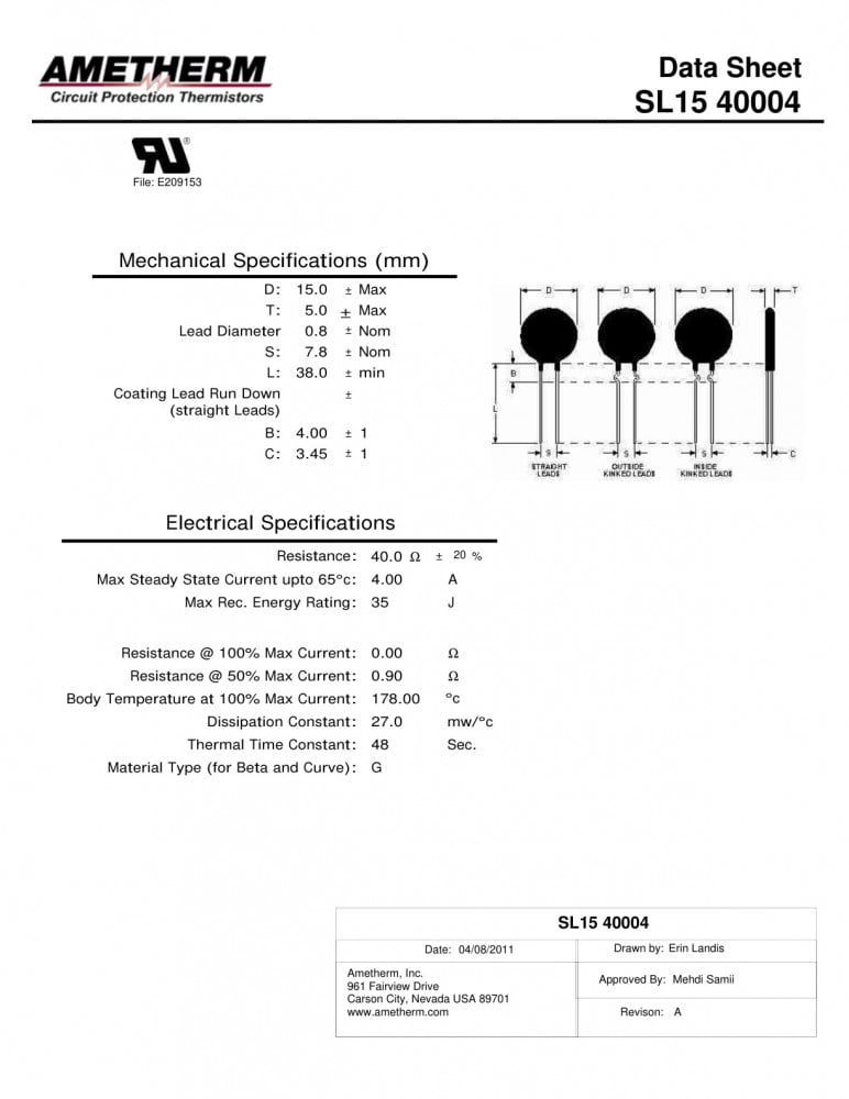 Ametherm SL15 40004-A technical document page
