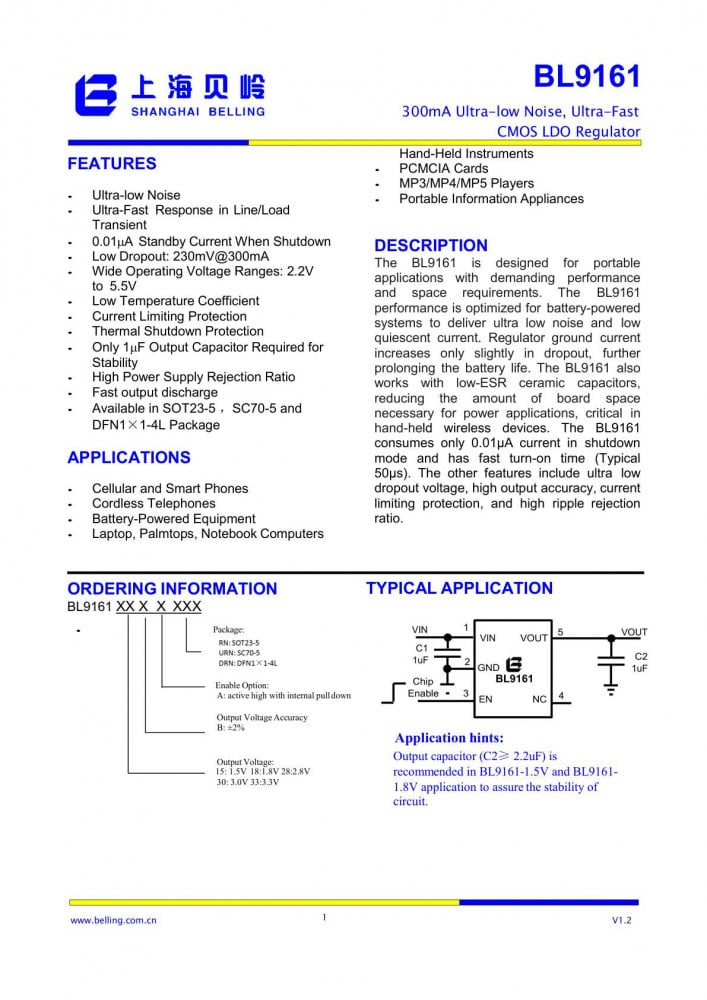 BL9161 datasheet page 1